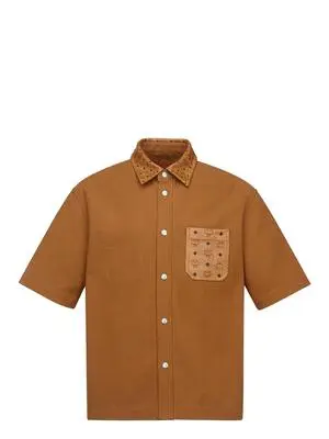Mcm Shirt In Cotton And Monogram Print Leather - Cognac