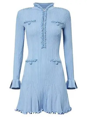SELF-PORTRAIT Pearl-trim Knitted Mini Dress - Blue