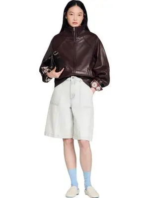 Sandro Oversized Zip-up Lambskin Leather Jacket - Brown