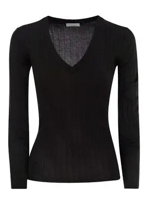 Brunello Cucinelli Ribbed V-neck Sweater - Black