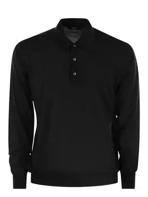 Fedeli Three-button Long-sleeve Polo Shirt - Black