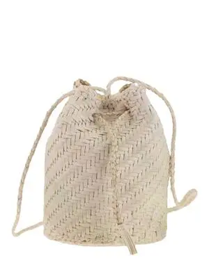 Dragon Pompom Double Jump Woven Leather Bucket Bag - Neutrals