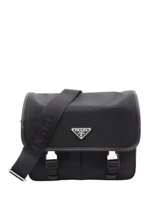 Prada Leather Trimmed Tessuto Messenger Bag - Black