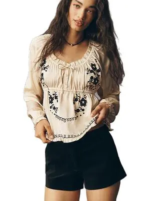 Anthropologie Long Sleeve Embroidered Blouse - Ivory