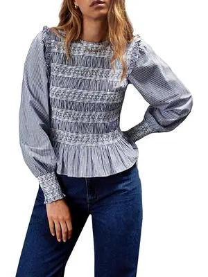 RO & ZO Stripe Shirred Blouse Top - Blue