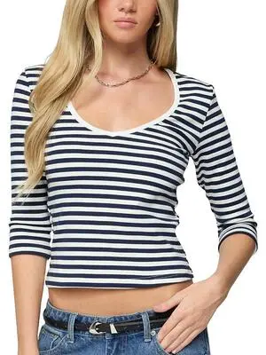 EDIKTED Poppie Striped V Neck Top - Navy-and-white