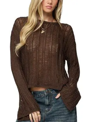 EDIKTED Jaide Sheer Ladder Knit Sweater - Brown