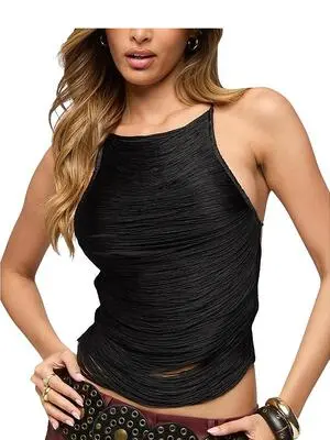EDIKTED Crisscross Backless Fringed Top - Black
