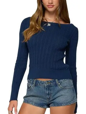 EDIKTED Larah Boat Neck Cable Knit Sweater - Navy