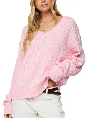 EDIKTED Cable Knit V-neck Sweater - Light-pink