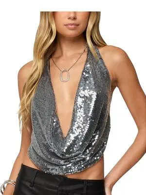 EDIKTED Sequin Halter Neck Top - Silver