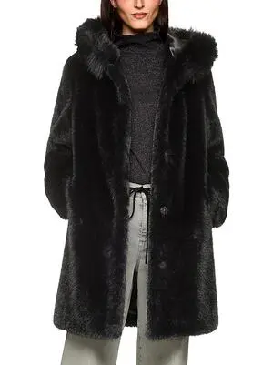 MARC CAIN Faux Fur Coat With Hood - Black