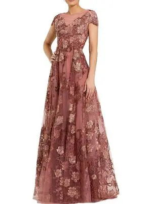 Mac Duggal Mac Duggal Embroidered Mesh Dress With Illusion Neck And Short Sleeves Cinnamon