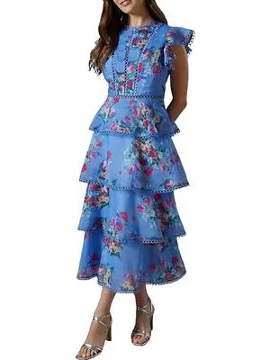 Coast Lace Trim Tiered Organza Midi Dress - Blue