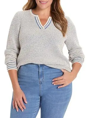 NIC+ZOE Tuck Texture Split Neck Sweater - Blue Multi