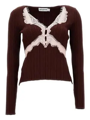 SELF-PORTRAIT Lace Knit Top Red
