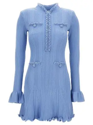 SELF-PORTRAIT Knit Mini Dress With Pearl Trims - Blue