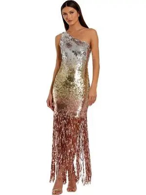Mac Duggal Sequin One-shoulder Fringe Gown - Gold Silver Ombre