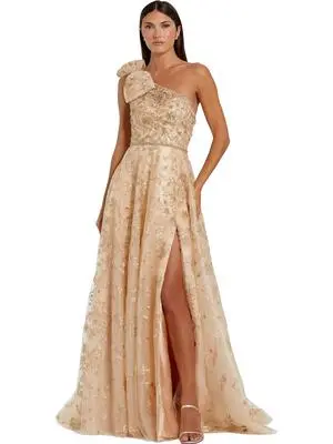 Mac Duggal Embellished Bow One-shoulder Gown - Neutral