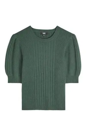 Paige Ribbed Cashmere Top With Puff Sleeves - Green