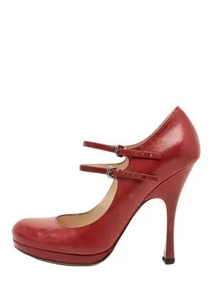Prada Leather Buckle Mary Jane Pumps - Red