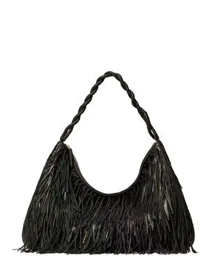 TWINSET Liliane Fringed Woven Shoulder Bag - Black
