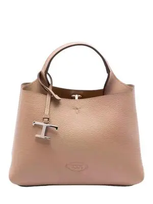TOD'S Leather Tote Bag With Logo Charm - Neutrals