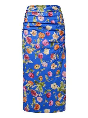 Carolina Herrera Floral Ruched Cotton-blend Midi Skirt - Blue