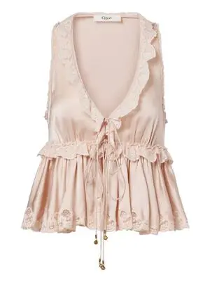 Chloé Lace-trimmed Silk Satin Top - Pink
