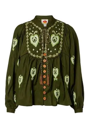 Farm Rio Embroidered Linen-blend Blouse - Green