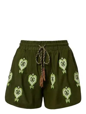 Farm Rio Embroidered Linen-blend Shorts - Green