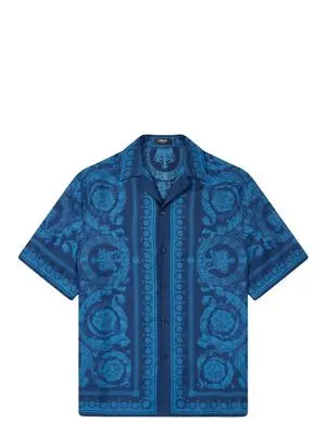 Versace Camp-collar Printed Silk-twill Shirt - Blue