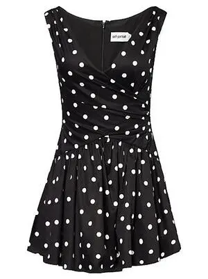 SELF-PORTRAIT Polka Dot V-neck Cotton-blend Mini Dress - Black