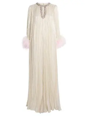 SELF-PORTRAIT Silk-blend Feather-trim Maxi Dress - Gold