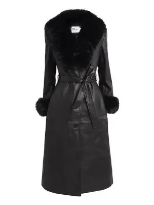 SELF-PORTRAIT Leather Faux Fur-trim Long Coat - Black