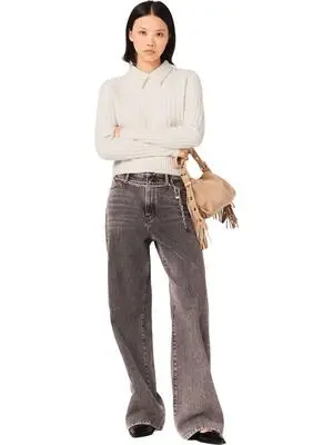 Maje Wool Ribbed Sweater With Pearl Collar - Ecru