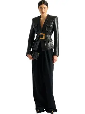 Balmain Belted Lambskin Leather Jacket - Black