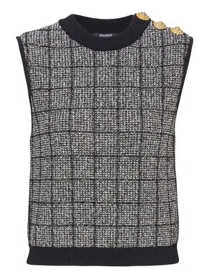 Balmain Tweed Crop Top With Buttons - Black