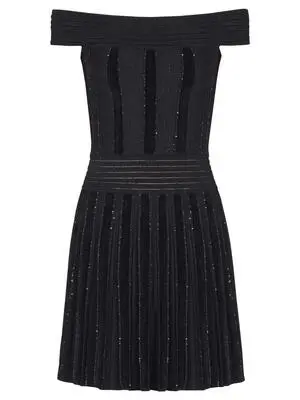 Balmain Off-the-shoulder Glitter Knit Dress - Black