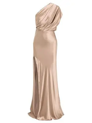 Michelle Mason One-shoulder Open-back Silk-satin Gown - Taupe