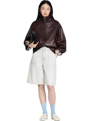 Sandro Oversized Zip-up Lambskin Leather Jacket - Brown