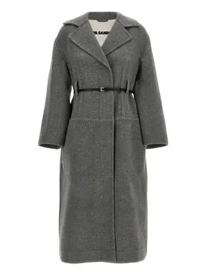 JIL SANDER Virgin Wool Coat With Leather Belt - Green