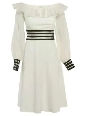 ZAYAN Ruffled-neckline Long-sleeve Dress - White