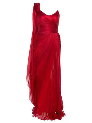 IRIS SERBAN Clarice Asymmetric-sleeve Draped Maxi Dress - Red