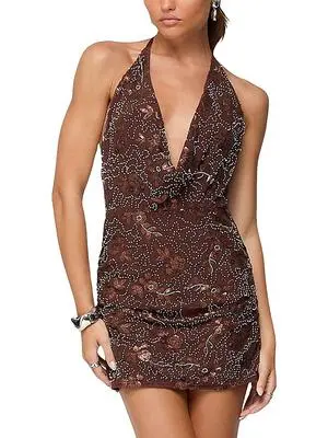 EDIKTED Beaded Cowl Neck Halter Mini Dress - Brown