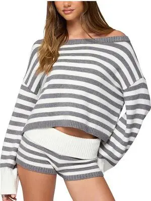 EDIKTED Striped Oversized Knit Sweater - Gray-and-white