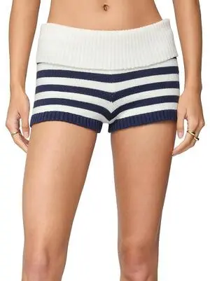 EDIKTED Striped Foldover Knit Shorts - Navy-and-white