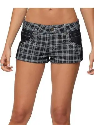EDIKTED Plaid Low Rise Denim Shorts - Black