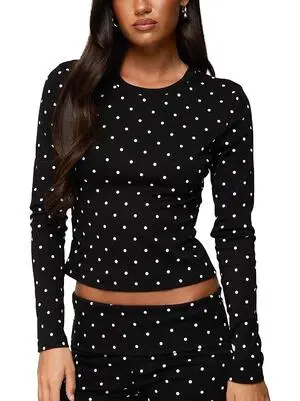 EDIKTED Daliya Polka Dot Long Sleeve Top - Black