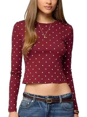 EDIKTED Daliya Polka Dot Long Sleeve Top - Burgundy